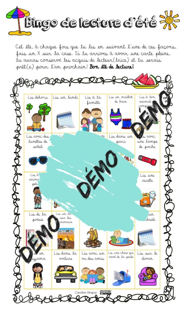 Bingo de lecture - Été - Caroline Gingras Créations