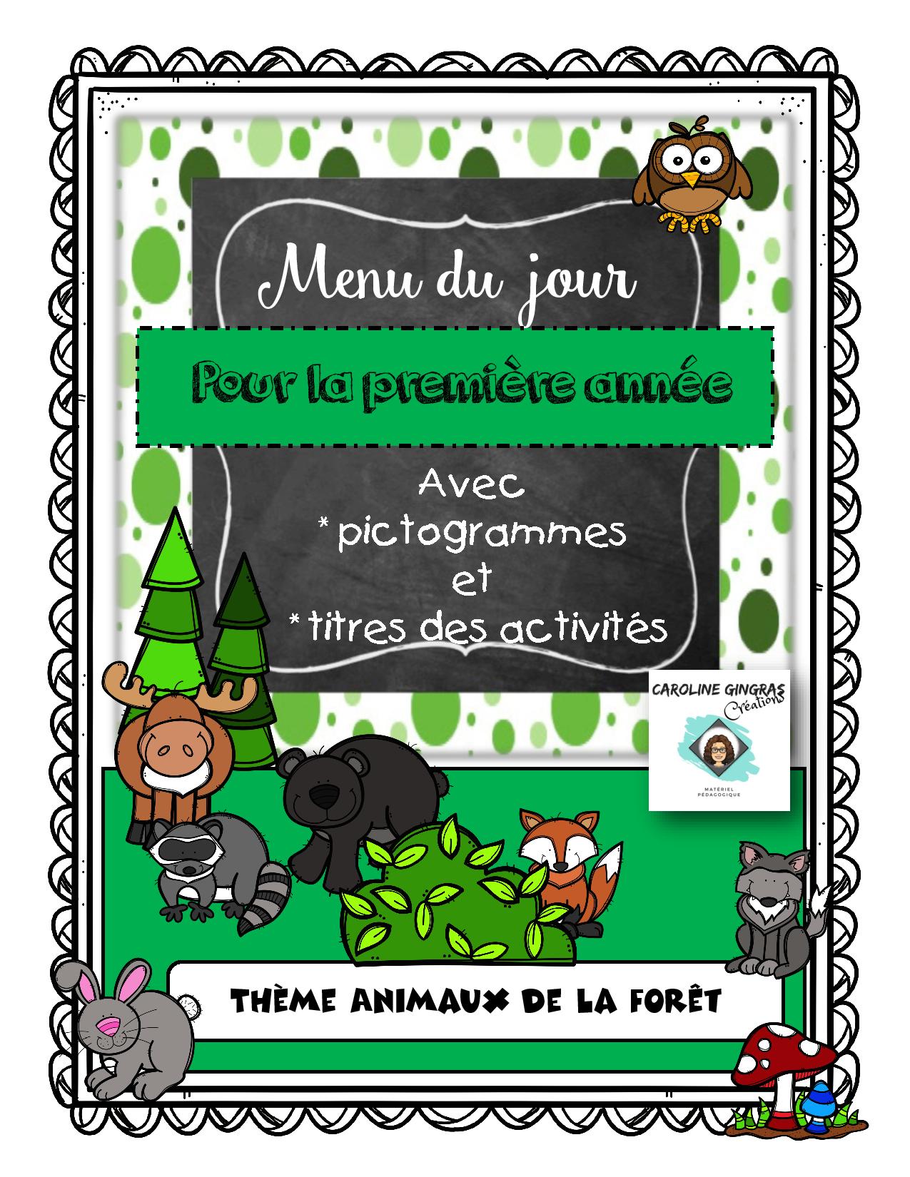 Menu du jour - animaux de la forêt - 1re année - Caroline Gingras Créations