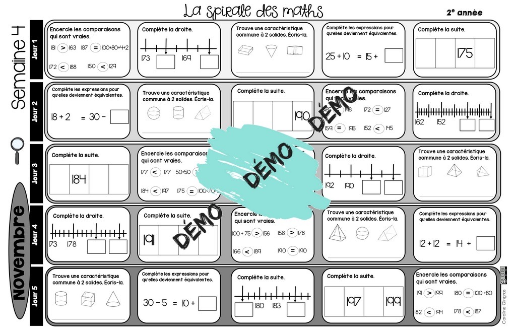 La spirale des maths – NOVEMBRE – 2e année - Caroline Gingras Créations