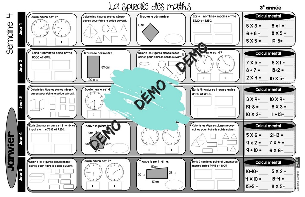 La spirale des maths - JANVIER - 3e année - Caroline Gingras Créations