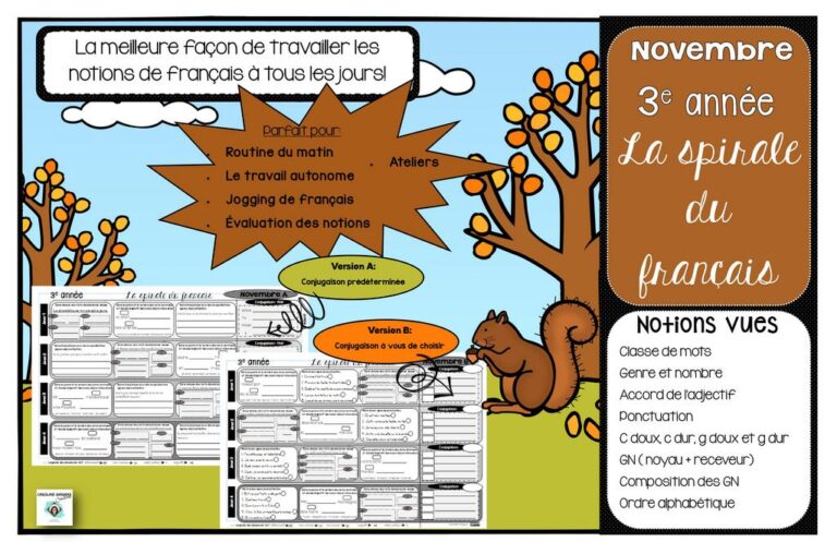 La spirale de français - NOVEMBRE - 3e année - Caroline Gingras Créations